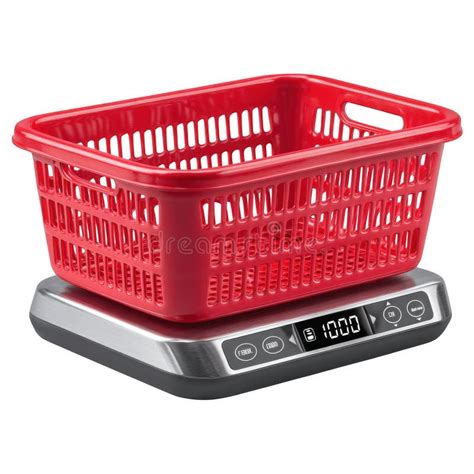 Red Plastic Laundry Basket Placed On A Digital Weighing Scale Showing