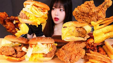 치즈소스 푹푹 찍어먹는 육즙팡팡 햄버거 먹방🍔🍟 맘스터치 불싸이버거 감자튀김 치즈볼 먹방 리얼사운드 Burger