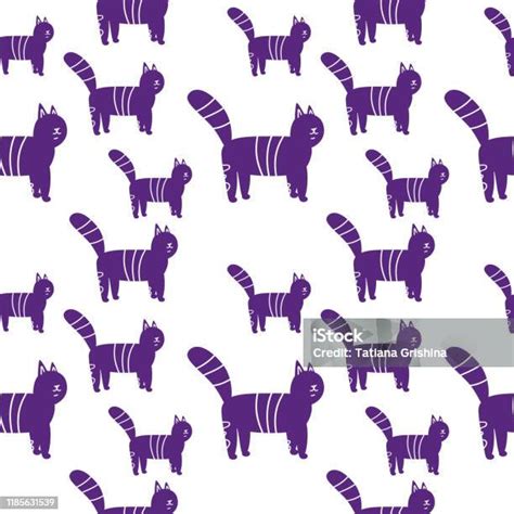 흰색 배경에 귀여운 보라색 줄무늬 고양이와 원활한 패턴 고양이 새끼에 대한 스톡 벡터 아트 및 기타 이미지 고양이 새끼 고양이 울음소리 고양잇과 Istock
