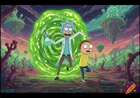 Rick And Morty Stand In Front Of A Glowing Green Portal In An Alien Landscape With Futuristic