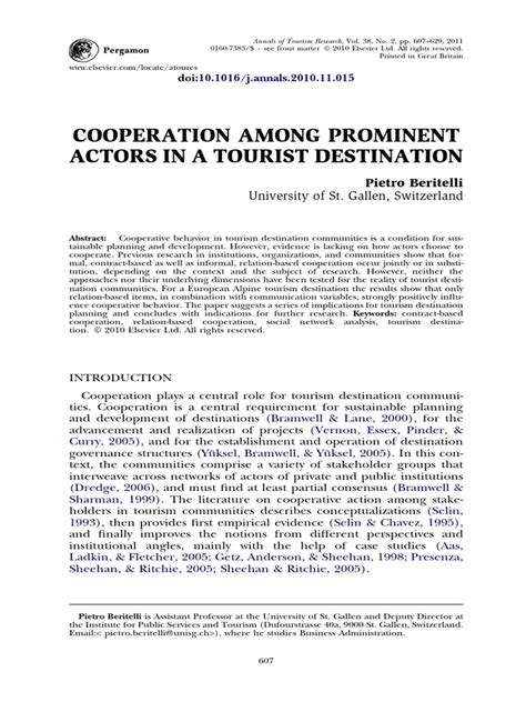 Cooperation Among Prominent Actors In A Tourist Destination Pdf