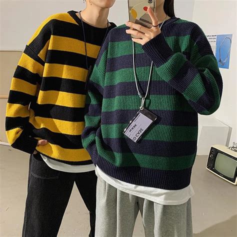 남성 스트라이프 니트 스웨터 가을 겨울 풀오버 하라주쿠 스트리트웨어 테이트 란돈 스웨터 녹색 줄무늬 스웨터 여성 상의