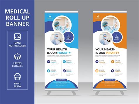 의료 및 의료 롤업 디자인 의료 롤업 배너 디자인 의료 병원 프리미엄 벡터