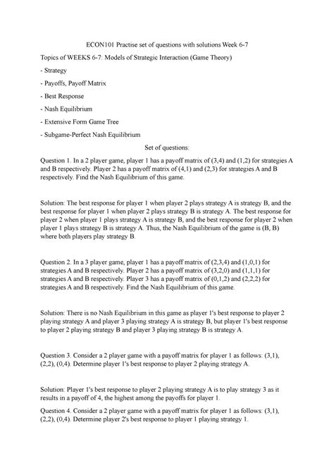Econ101 Practise Set Of Questions With Solutions Week 6 And 7 Econ101 Practise Set Of