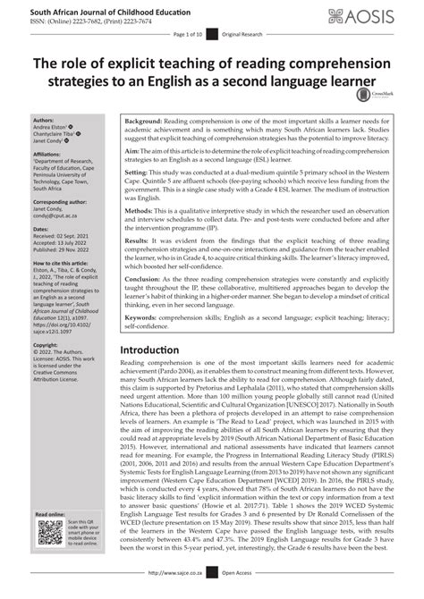 Pdf The Role Of Explicit Teaching Of Reading Comprehension Strategies To An English As A