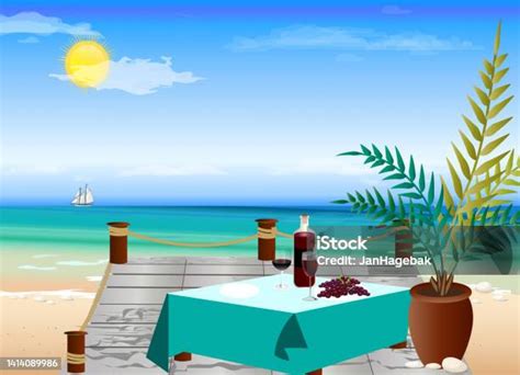 부두에 와인이있는 적포도주 병과 잔이있는 테이블과 배경의 바다 풍경 여름 시간 휴식 낭만적 인 관광 벡터 일러스트 레이 션 0