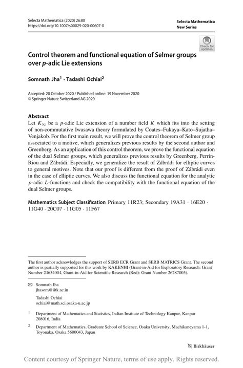 Control Theorem And Functional Equation Of Selmer Groups Over P Adic Lie Extensions Request Pdf