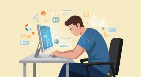 Young Man Analyzing Data On Computer In Modern Office Setting With Graphs And Charts Stock Image