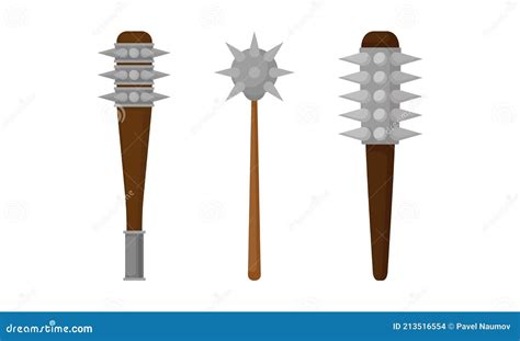 Medieval Cold Steel Arms Or Weapon With Spiked Club Vector Set Stock