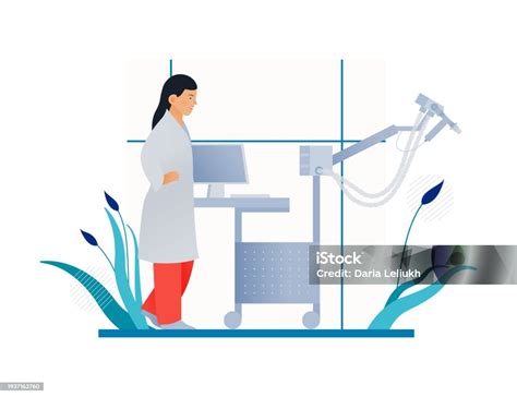 폐 검사 장비 근처에 서 있는 여성 의사 진료실 또는 실험실의 혈량측정법 호흡기 질환 현대 평면 벡터 일러스트 레이 션입니다 Spirograph에 대한 스톡 벡터 아트 및