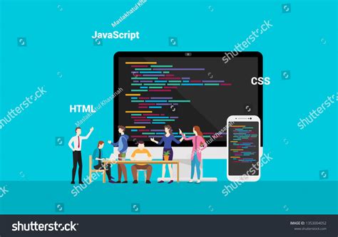 Programming Website Frontend Developepr Working Together Stock Vector