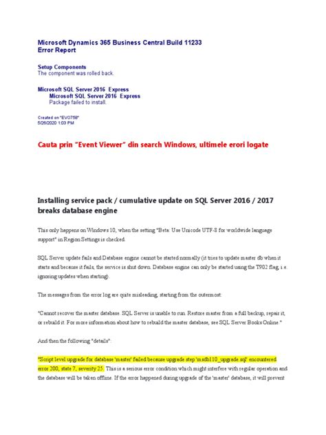 Erori La Instalare Bc16 Pdf Microsoft Sql Server Windows 10