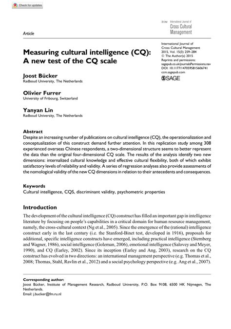 Pdf Measuring Cultural Intelligence Cq A New Test Of The Cq Scale