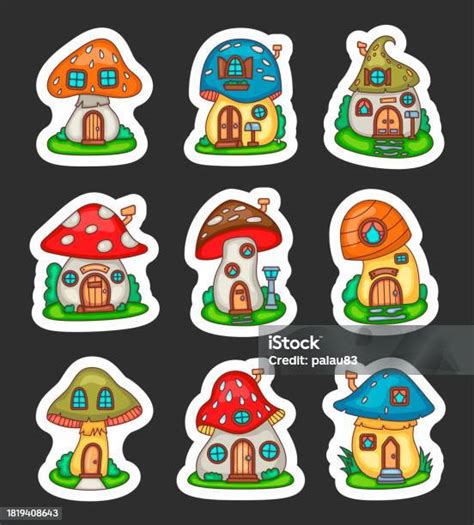 บ้านเห็ดแฟนตาซี สติ๊กเกอร์บุ๊กมาร์ก บ้านนางฟ้าป่า อาหารที่มีประตูและหน้าต่าง สไตล์วาดด้ว