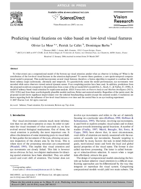 Pdf Predicting Visual Fixations On Video Based On Low Level Visual Features