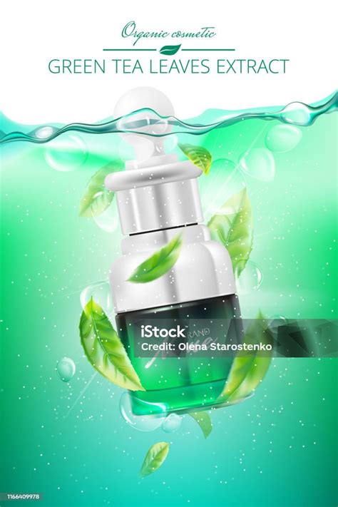 카탈로그 잡지 화장품 광고 포스터 화장품 패키지의 디자인 거품물 배경입니다 토너 크림 젤 녹차 추출물을 함유한 바디 로션 3차원 형태에 대한 스톡 벡터 아트 및 기타 이미지