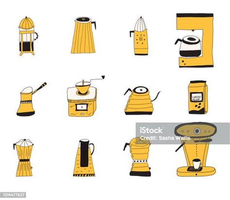 다양한 양조 방법에 대한 다양한 커피 냄비의 손으로 그린 낙서 벡터 일러스트레이션 세트 흰색 배경에 격리 0명에 대한 스톡 벡터 아트 및 기타 이미지 Istock