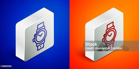 파란색과 주황색 배경에 격리된 등색 선 손목 시계 아이콘 손목 시계 아이콘 실버 스퀘어 버튼 벡터 2 위 상 종류에 대한 스톡 벡터 아트 및 기타 이미지 Istock