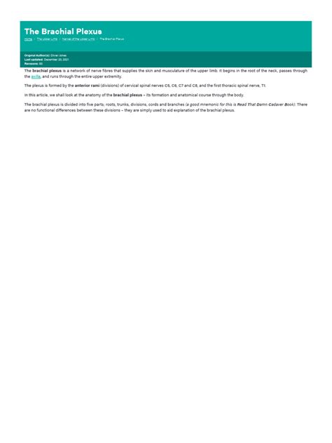 The Brachial Plexus Sections Branches Teachmeanatomy Pdf