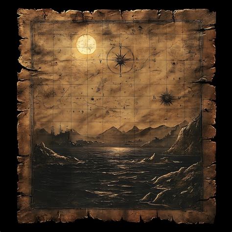 Old Torn Treasure Map With Compass And Mountains On A Black Background