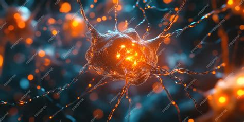 Biomedical Nerve Cell With Glowing Synapse Premium Ai Generated Image