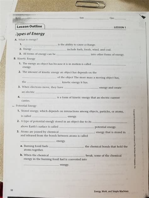 Solved Date Class Lesson Outline Lesson 1 Ypes Of Energy A