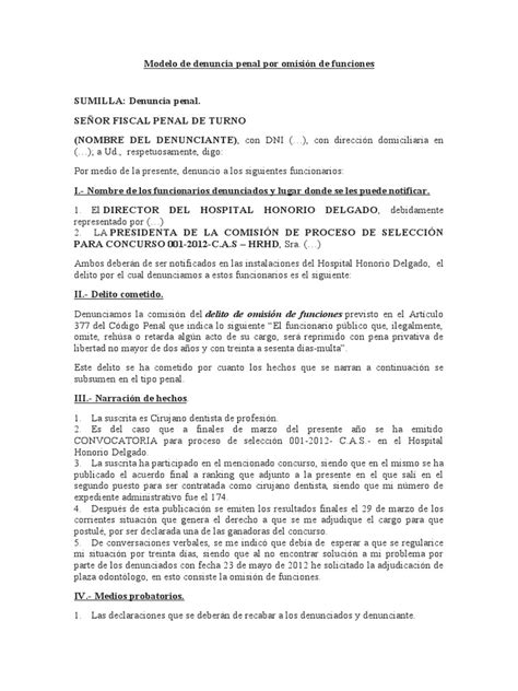 Modelo De Denuncia Penal Por Omisión De Funciones Pdf Derecho Penal