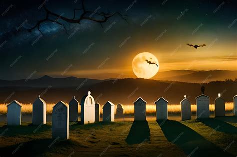 Premium Photo A Sunset With A Full Moon And A Graveyard With Birds