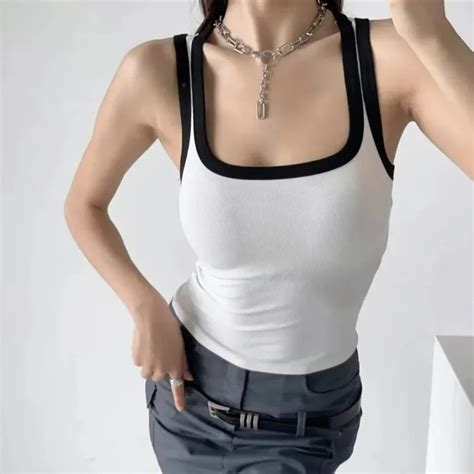2023 Summer Contrast Color Patchwork Square Collar Crop Tops Slit Back