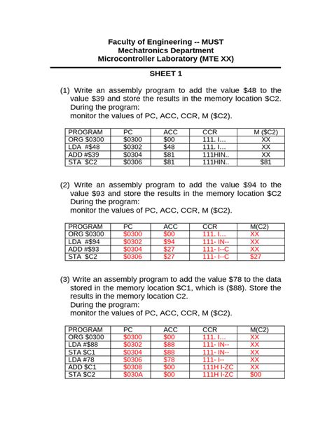 Microcontrollers Sheet Mechatronics Dep Mte Xx Pdf Computer