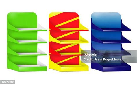 선반 벡터 모형이 있는 소매 진열대 수직 랙 현실적인 모형 색상 세트 디자인을 위한 템플릿입니다 간편한 편집 가능 3차원 형태에 대한 스톡 벡터 아트 및 기타 이미지