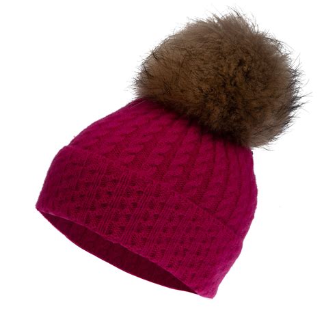 Womens Cable Cashmere Pom Pom Hat Fuschia The Scotland Shop