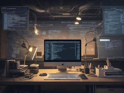 premium photo workplace of programmer with computer monitor in dark