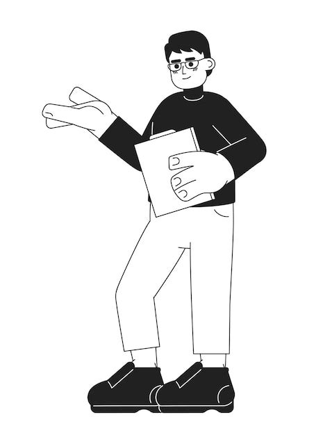 안경 아시아 남자 문서를 읽는 흑백 2d 만화 캐릭터 남성 한국 강사 고립 ⁇ 터 윤 ⁇ 사람 성인 교수 서류를 들고 단색 평평한 점 일러스트레이션 프리미엄 벡터
