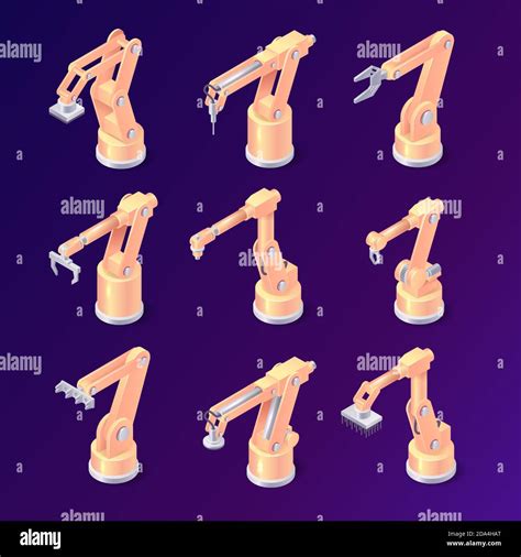 Isometric Robot Arms Factory Machines Or Hydraulic Robotic Hands Of