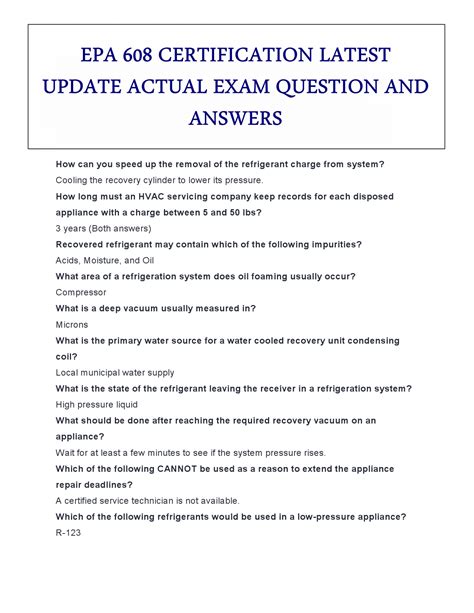 Epa 608 Certification Latest Update Actual Exam Question And Answers