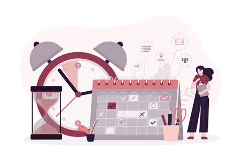 달력 모래 유리 시계를 가진 자신감 넘치는 비즈니스 여성 날짜 및 시간 스케줄러 시간 관리 비즈니스 효율성 Brand Name Smart Phone에 대한 스톡 벡터 아트