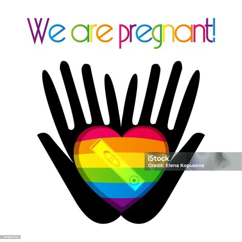 우리는 임신했습니다 Lgbt와 임신 계획 개념이 플랫 스타일입니다 무지개 심장과 흰색 배경에 긍정적 인 임신 테스트를 가진 손