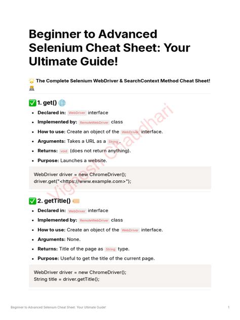 Fullbasic To Advanced Selenium Cheat Sheet 1 Pdf Selenium Software Java Script