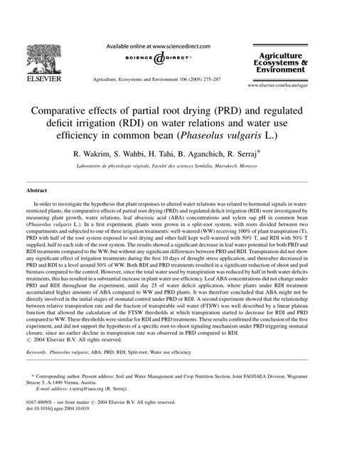 Pdf Comparative Effects Of Partial Root Drying Prd And Regulated Deficit Irrigation Rdi On