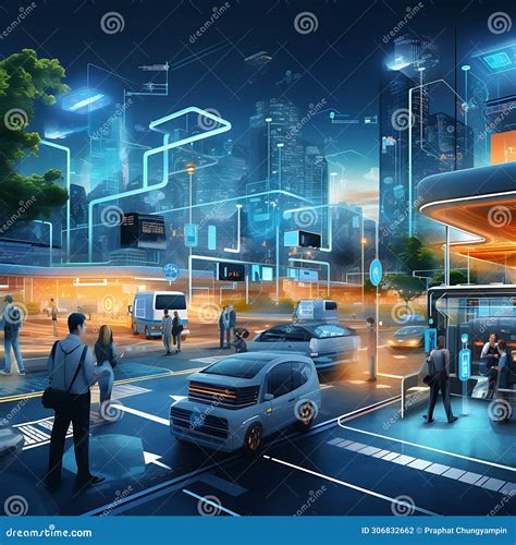 Twilight Over A City Park Enhanced With A Digital Network Interface