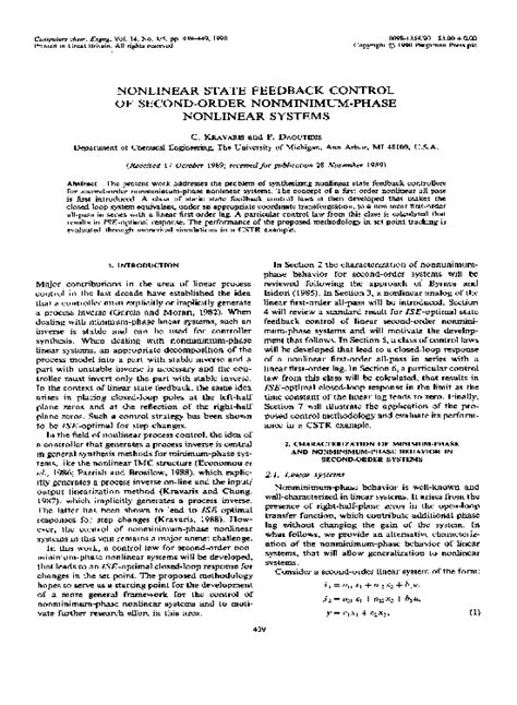 Pdf Nonlinear State Feedback Control Of Second Order Nonminimum Phase Nonlinear Systems
