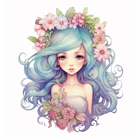 Premium Ai Image A Drawing Of A Girl With Blue Hair And Flowers In