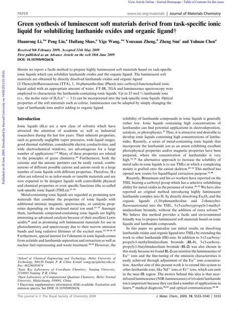 Pdf Green Synthesis Of Luminescent Soft Materials Derived From Task Specific Ionic Liquid For