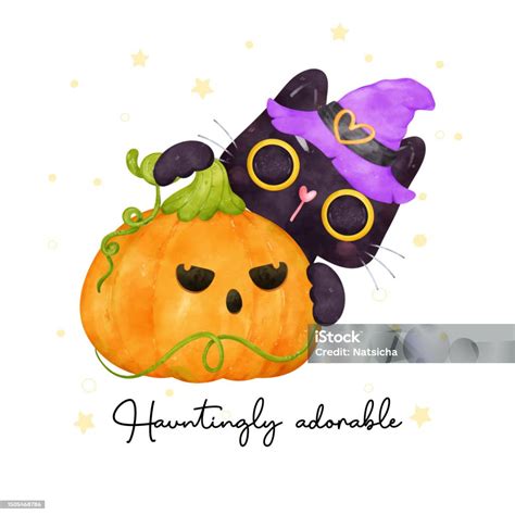 마녀 모자를 쓴 귀엽고 호기심 많은 검은 고양이가 호박 뒤에서 들여다보며 기발한 할로윈 장면을 연출합니다 이 수채화 작품은 휴일의 매혹과 장난기를 포착합니다 가을에 대한