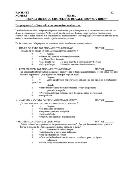 Evaluación Del Trastorno Obsesivo Compulsivo Escala Obsesivo