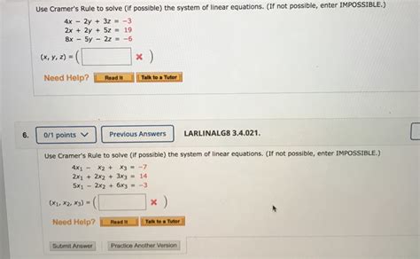 solved use cramer s rule to solve if possible the system