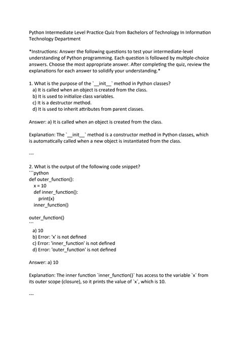 Solution Python Intermediate Level Practice Quiz From Bachelors Of Technology In Information