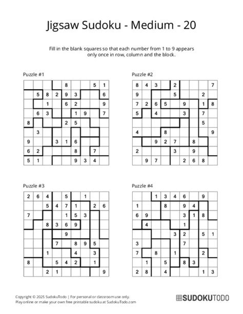 9x9 Medium Jigsaw Sudoku Printable Puzzles