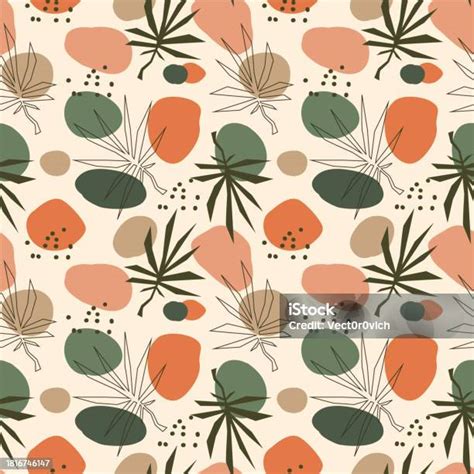야자수 잎과 둥근 자갈 모양의 추상 보헤미안 세련된 식물 디자인 흙빛 색상 현대 파스텔 그린 핑크 홍당무 베이지 베이지 올리브 벡터 일러스트 레이 션 원활한 패턴 반복